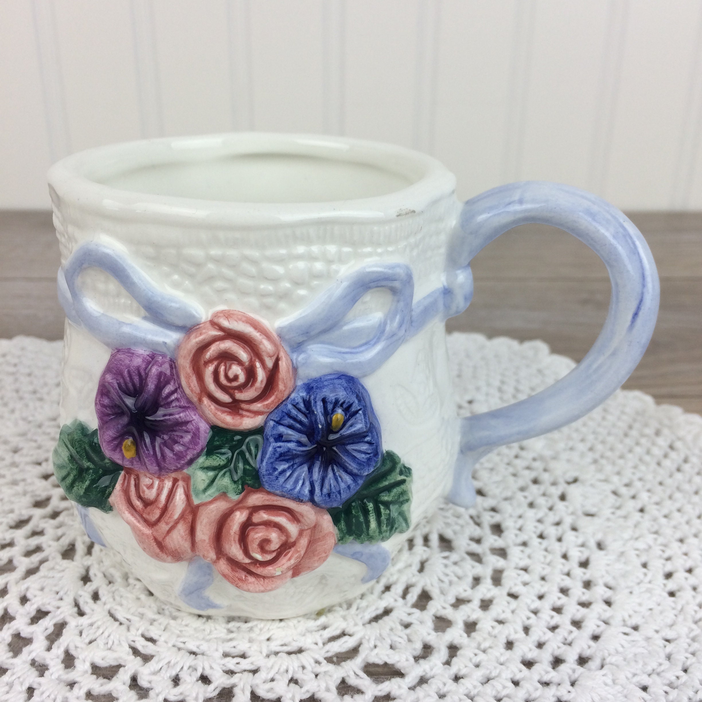 Vintage White Ceramic Mug W/ Shabby Chic Roses Blue Bow / Tea - Etsy