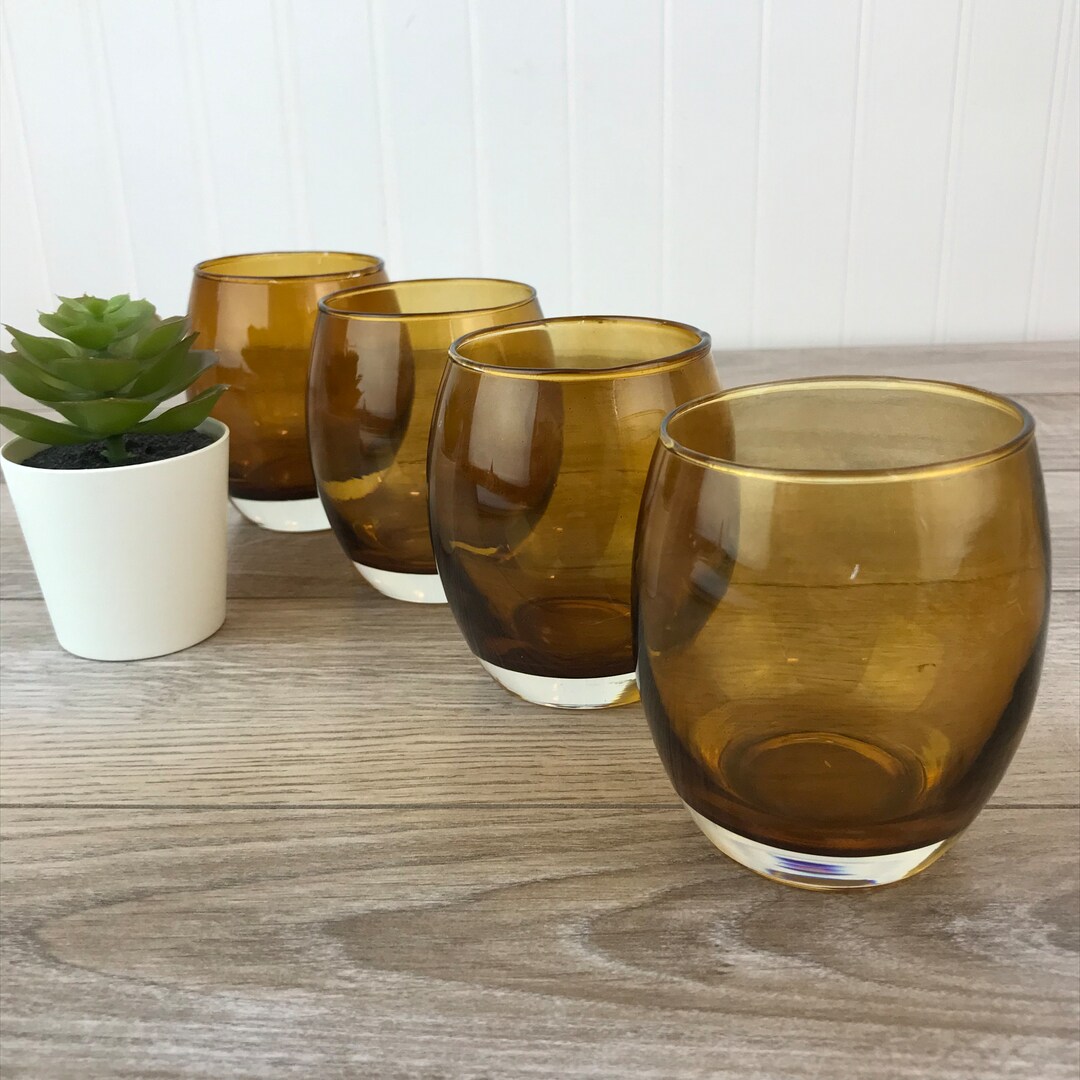 Vintage Amber Glass Drinking Glasses, Set of 4 Rounded Tumbler, Sniffer ...