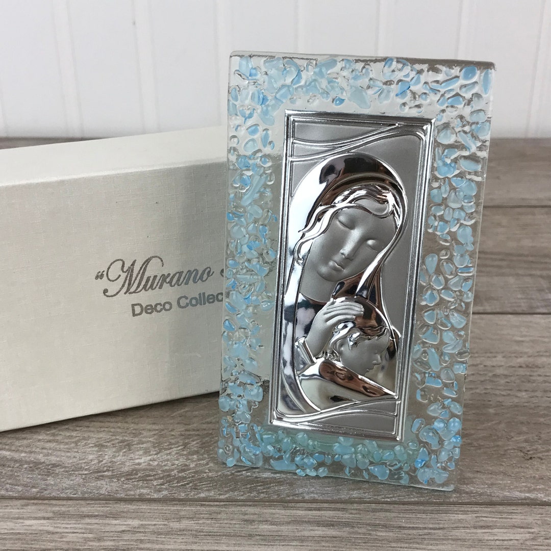 Vintage Murano Art Light Blue Pebbles Glass Madonna & Baby Jesus ...