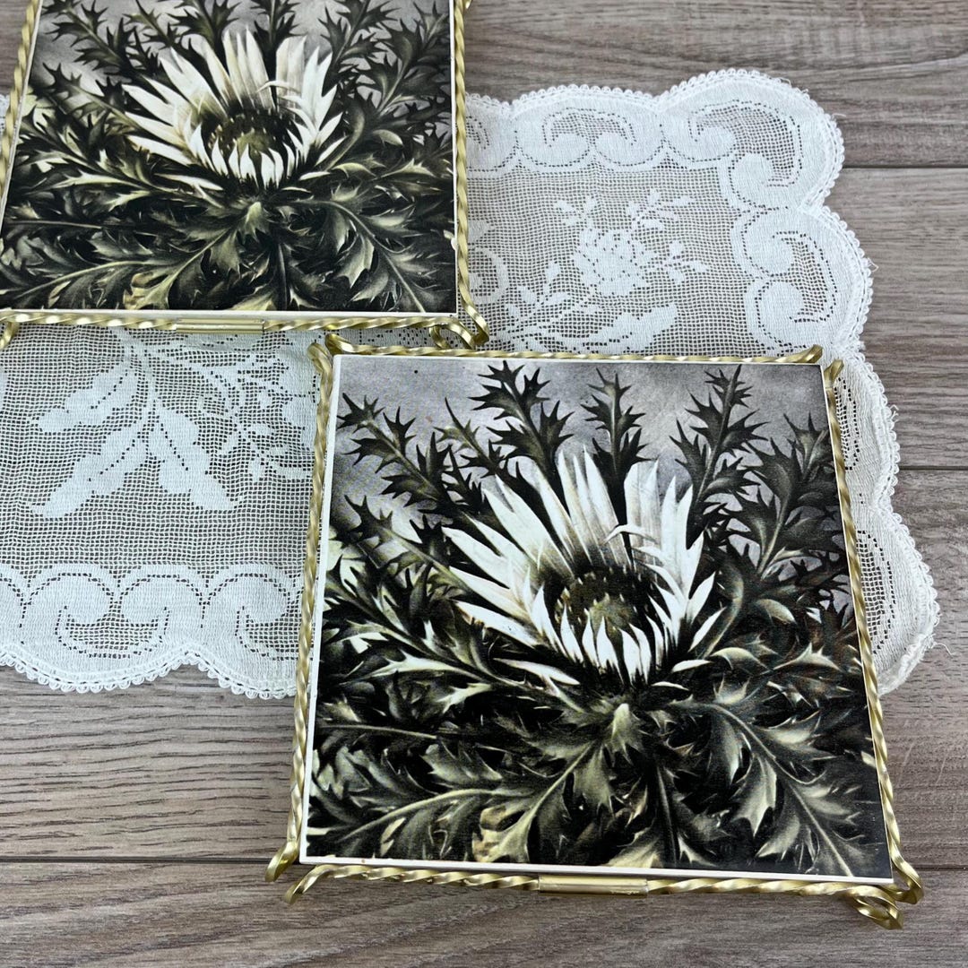 Vintage Ceramic Tile Trivets (2): Black & White Thistle, Gold Brass ...