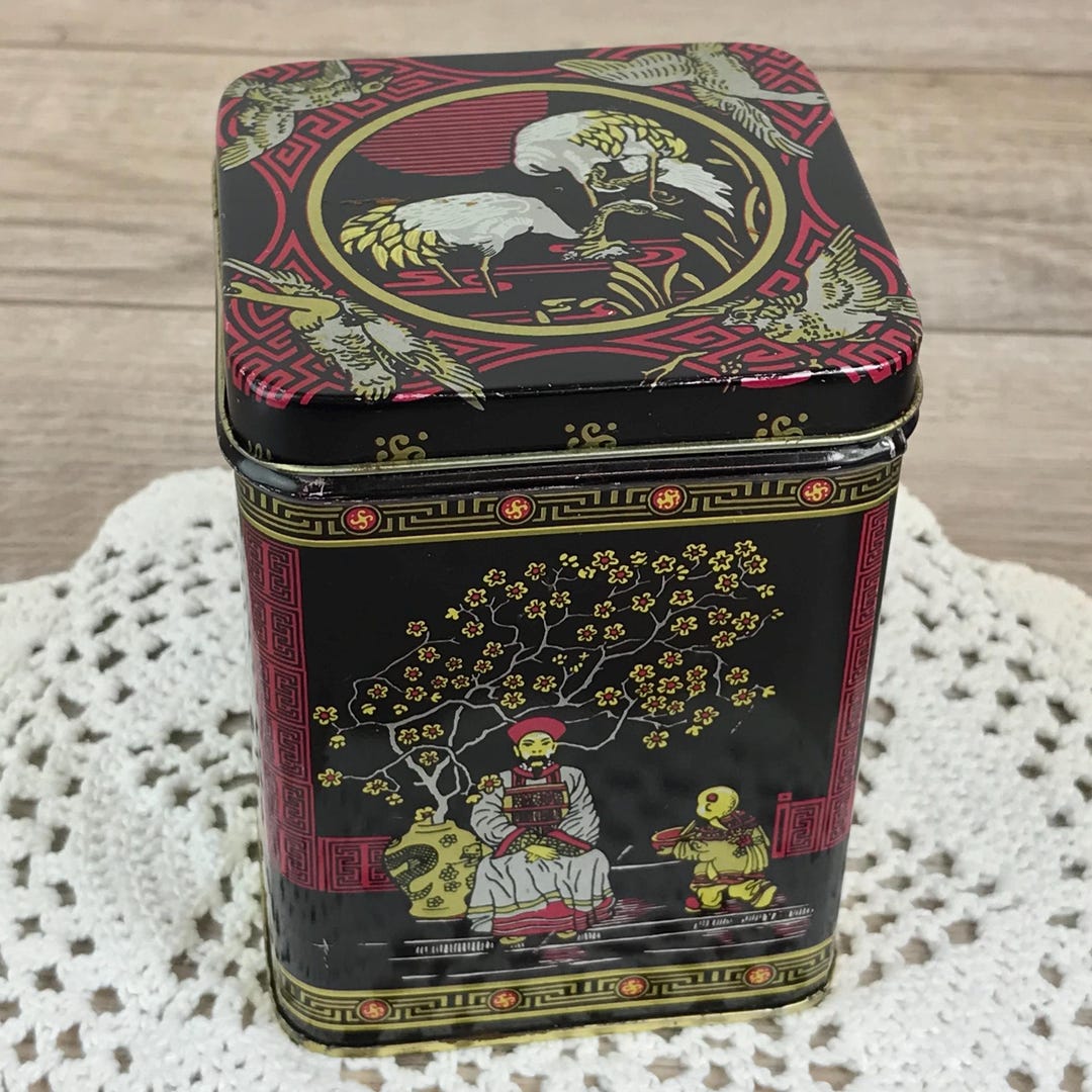 Vintage Asian Tea Tin, Chinese Birds Oriental Design, Black Red & Gold ...