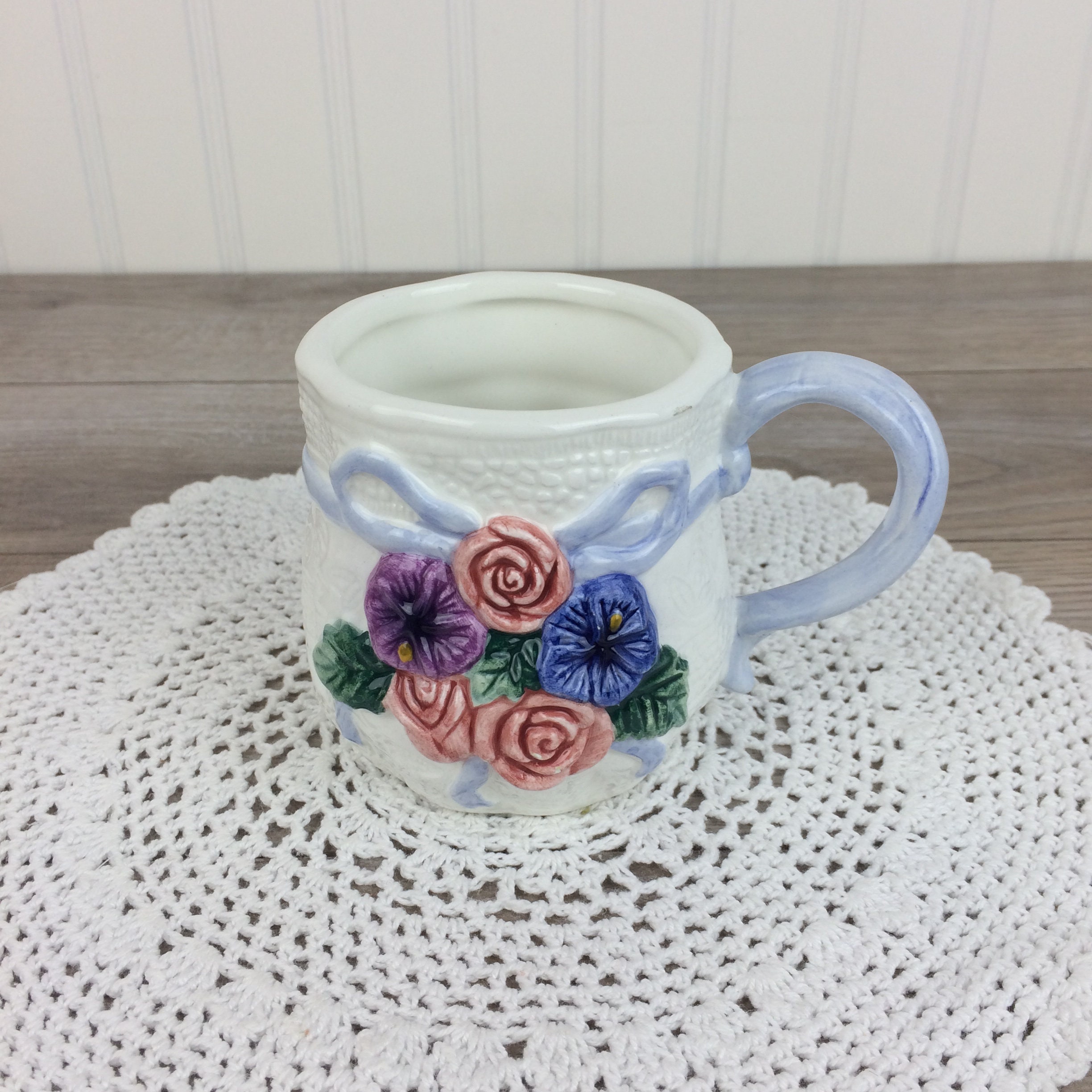 Vintage White Ceramic Mug W/ Shabby Chic Roses Blue Bow / Tea - Etsy