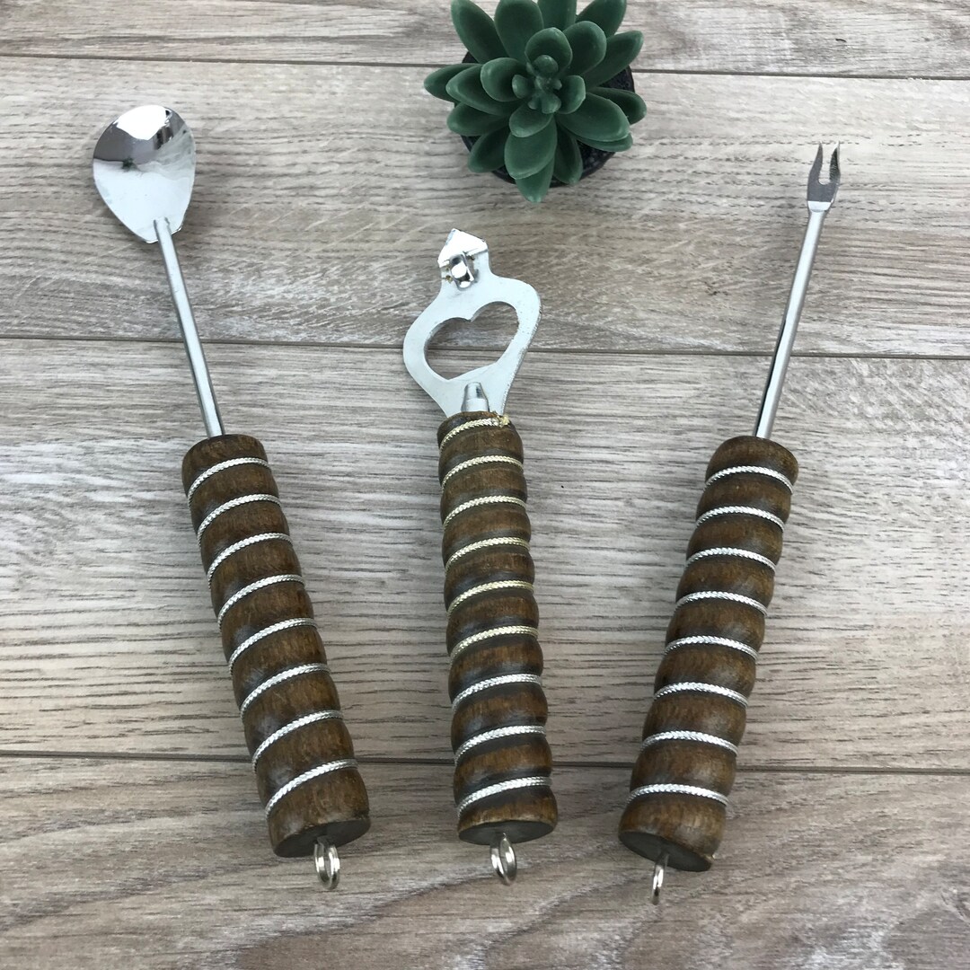 Vintage Swanky Bar Tools 3 Piece Set, Wood Handle & Twisted Metal Design, Japan, Bottle Opener ...