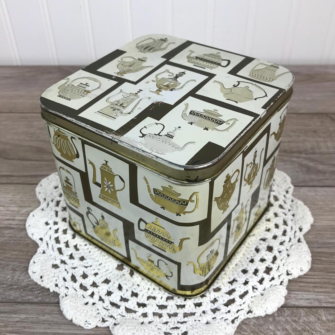 Vintage Tea Tin Box With Hinged Lid, White & Gold Teapot Pattern ...