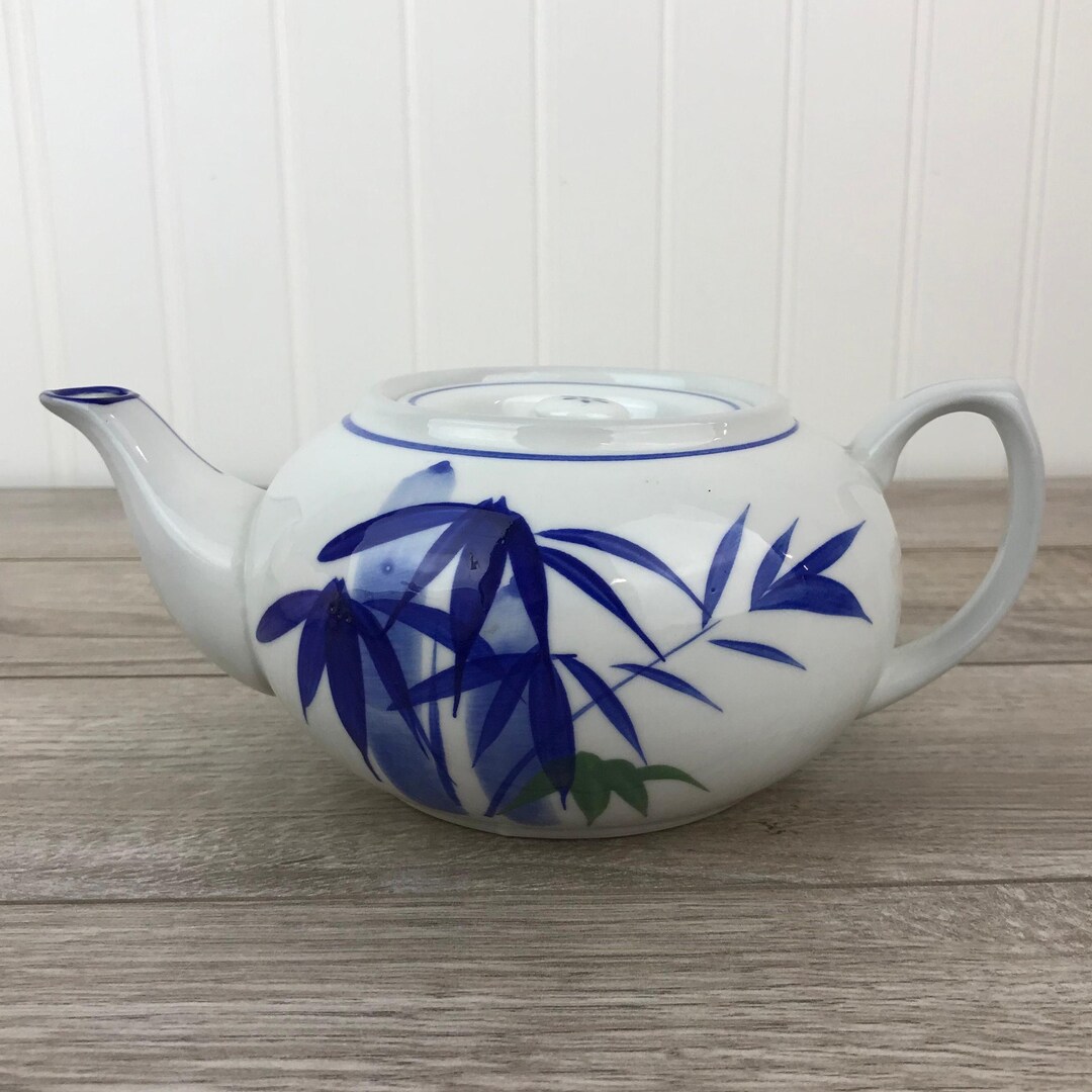 Vintage White & Blue Asian Teapot With Bamboo Pattern, Chinese or ...