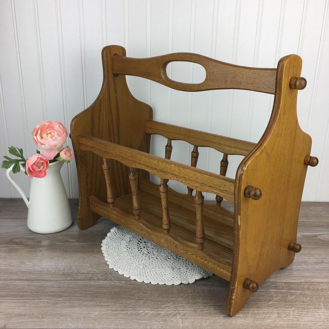 Vintage Wooden Magazine Rack, Newspaper Holder, Brown Stained Wood ...