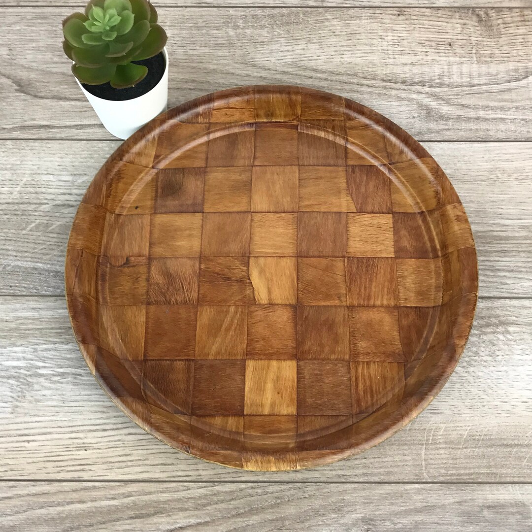 Vintage Woven Parquet Wood Round Tray, Wooden Snack Serving Plate ...