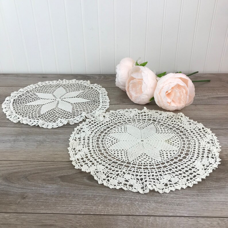 Vintage Star Pattern White Crochet Doilies, Set of 2 Hand Crocheted ...
