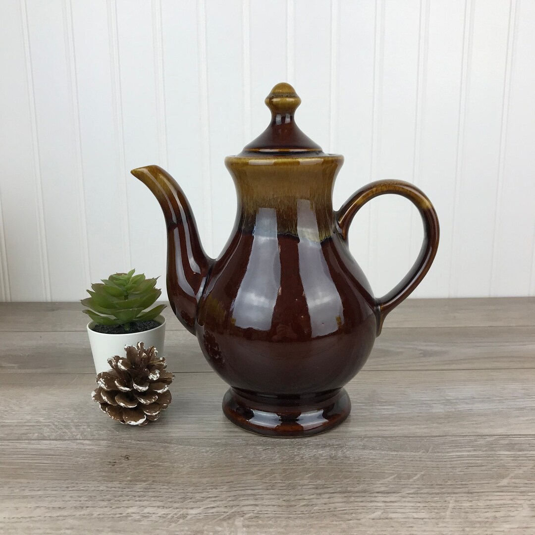 Vintage Glazed Pottery Teapot or Coffee Pot, Dark Brown, Tan Drip Glaze ...