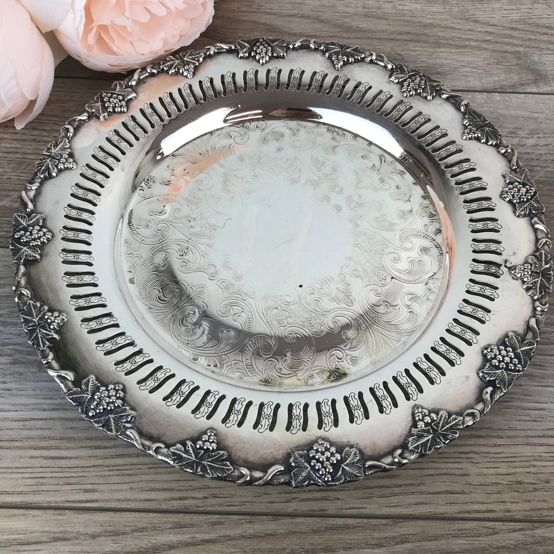 Vintage Silver Plate Round Tray, Old English Reproduction, Perforated ...