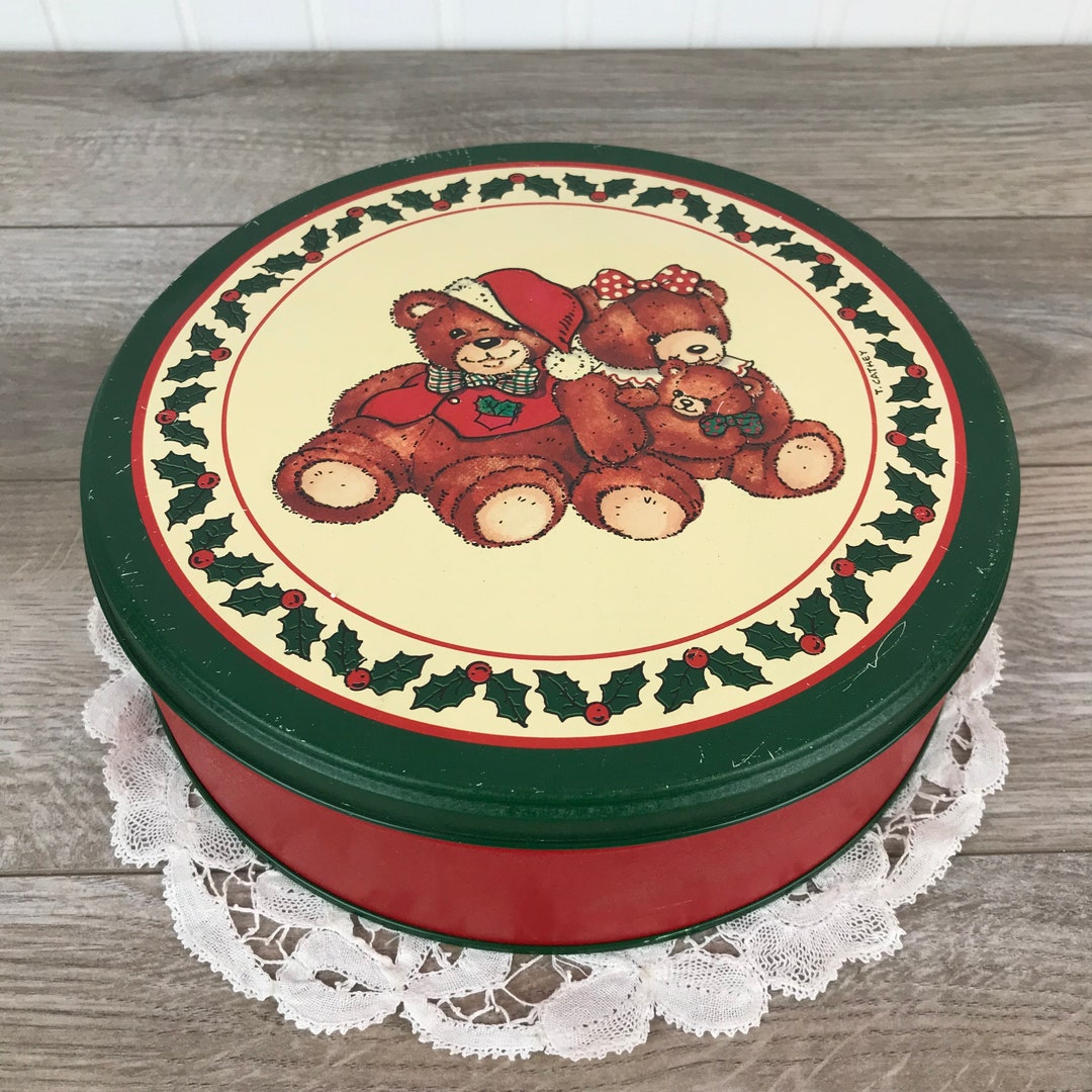 Vintage Christmas Tin Bears, Red & Green Round Tin Container, T. Cathey ...