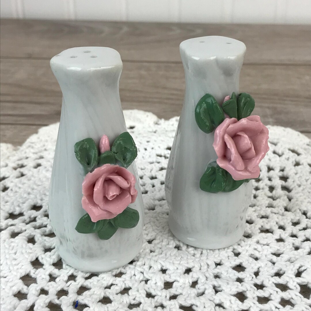 Vintage White Porcelain Ceramic Salt & Pepper Shakers W/ Raised Pink ...