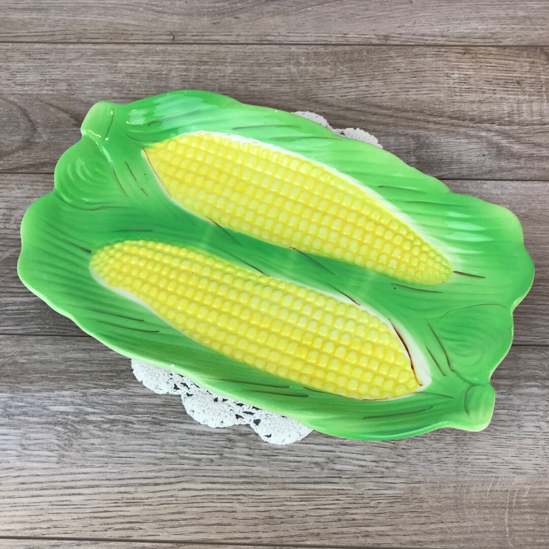 Vintage Corn on the Cob Serving Plate, Green & Yellow Ceramic Dish ...
