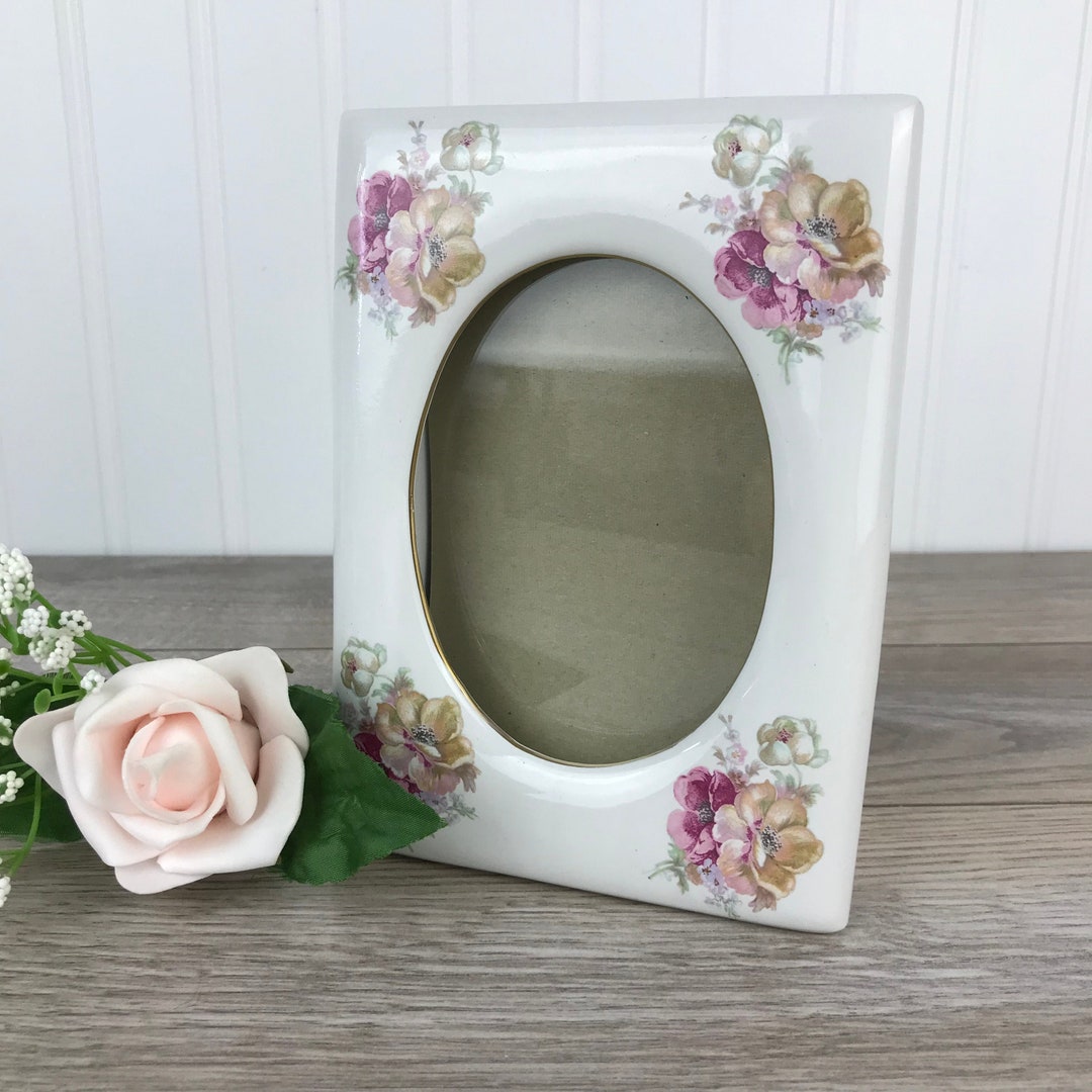 Vintage White Ceramic Shabby Chic Picture Frame, Pink Floral, Empty ...