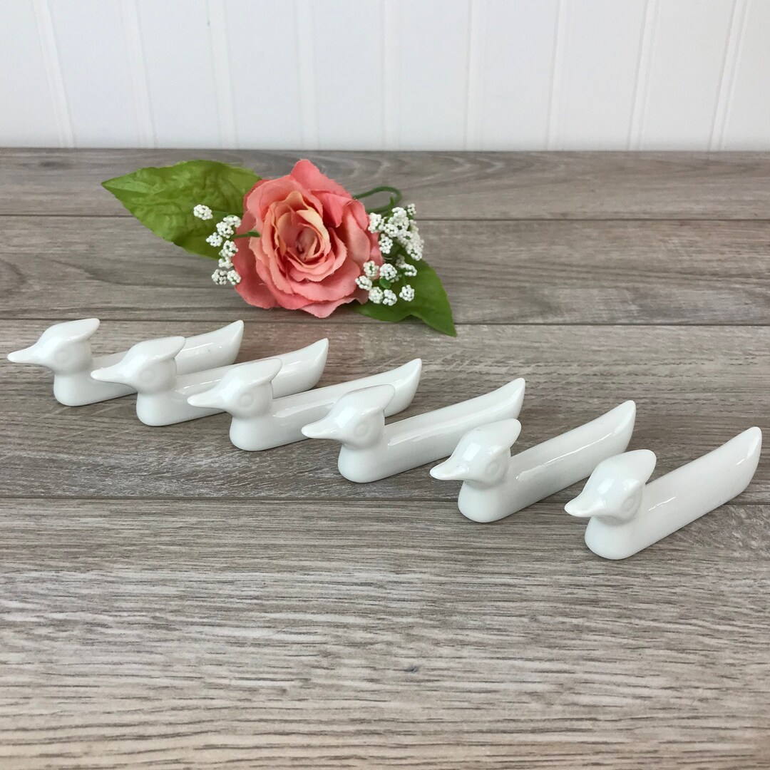 Vintage Set of 6 White Ceramic Knife Rests Small Ducks / Chopstick ...