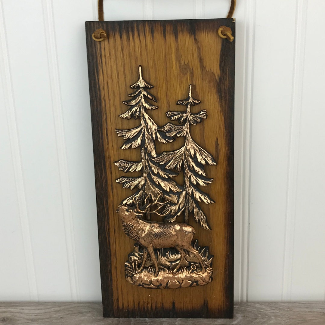 Vintage Copper Imitation Deer on Wood Panel Wall Hanging, White ...