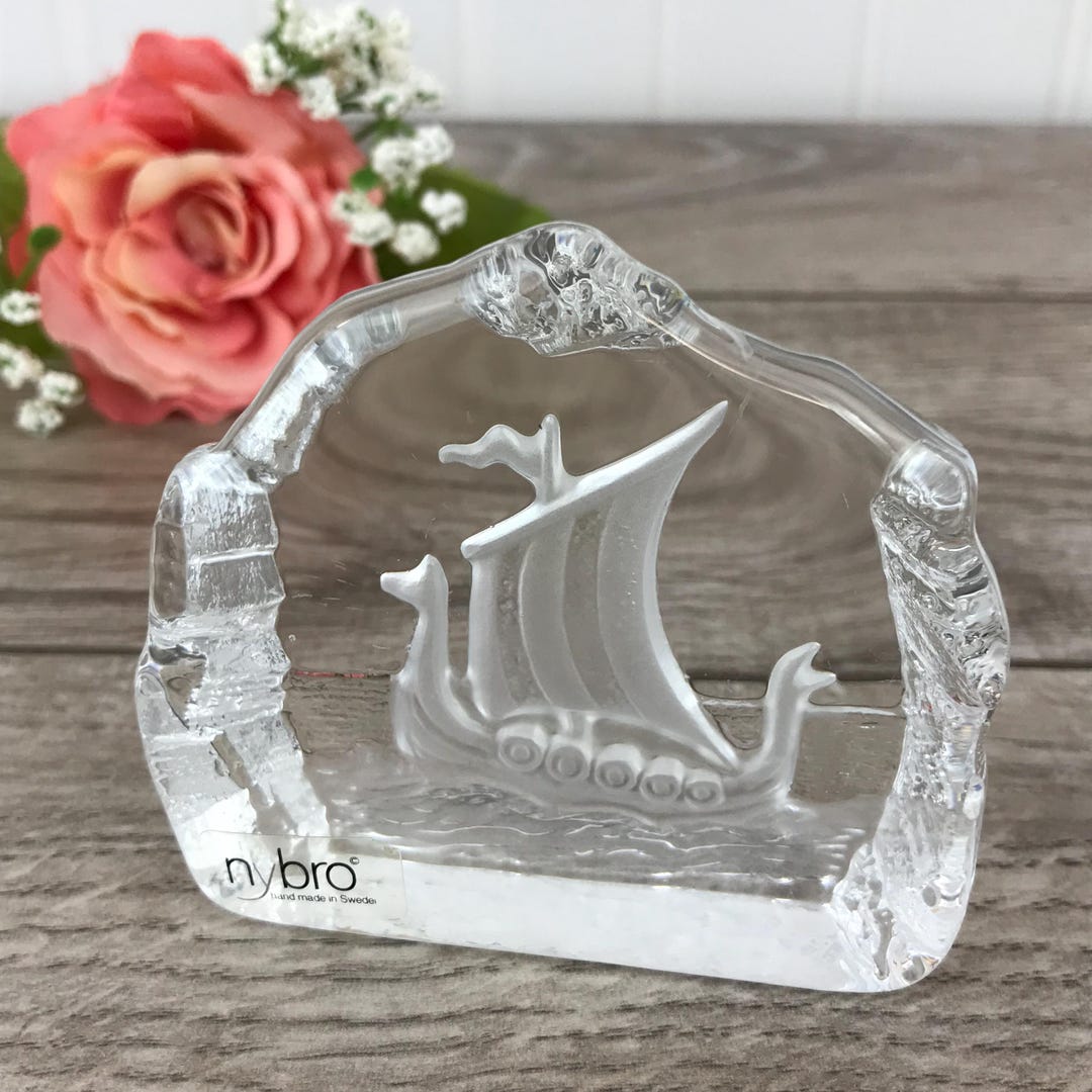 Vintage NYBRO Crystal Glass Paperweight, Viking Boat Carved Ice Look ...