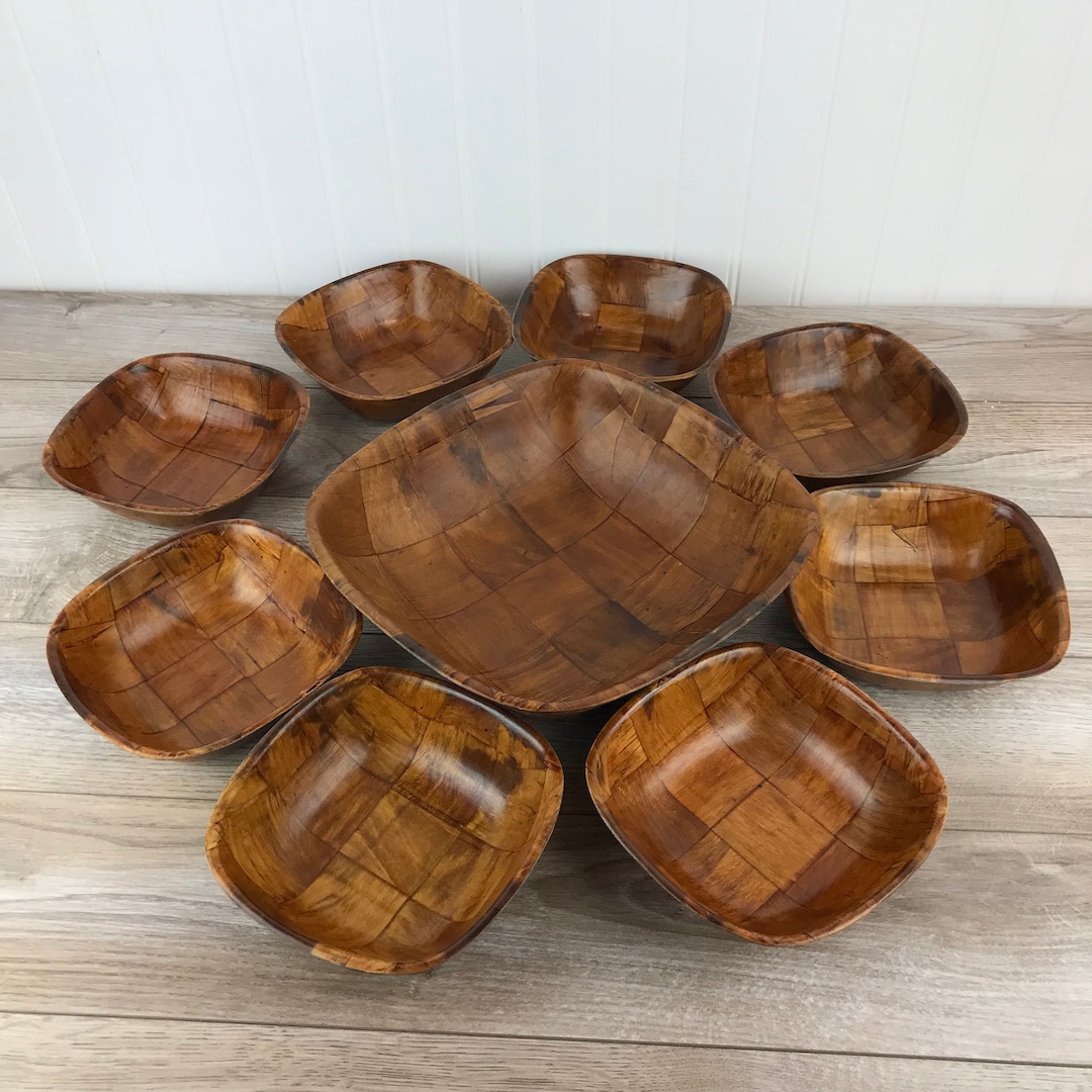 Vintage Woven Parquet Wood Salad Bowls, Wooden Formosa Style 9 Pieces ...