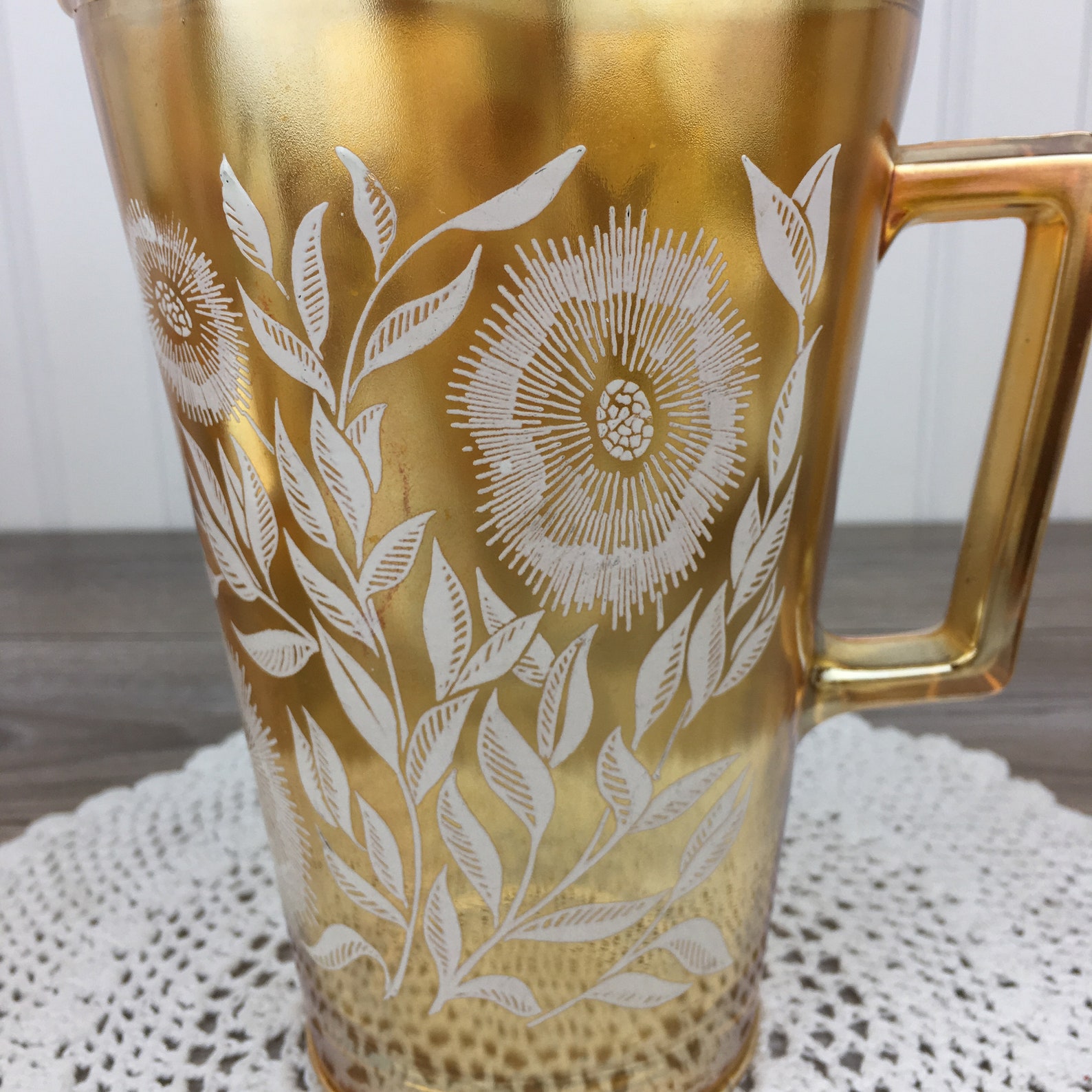 Vintage Peach Carnival Glass Pitcher & Footed Candy Dish, Jeannette ...