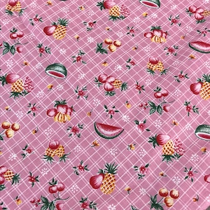Vintage 80s Checkered Pink With Fruit Pattern Sewing Fabric 43 X 58 ...