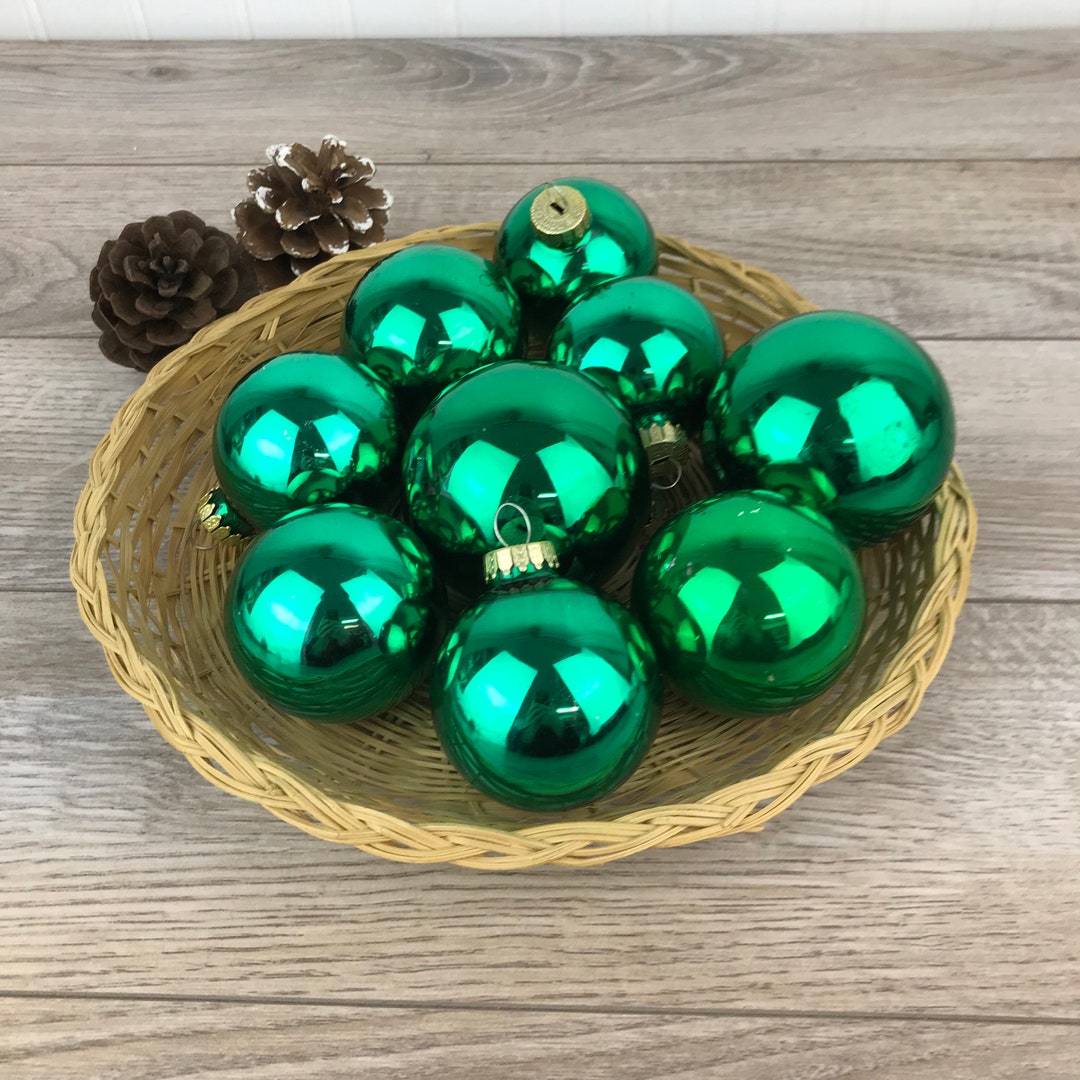 Set of 9 Vintage Green Glass Christmas Baubles, Mismatched X-mas Balls ...