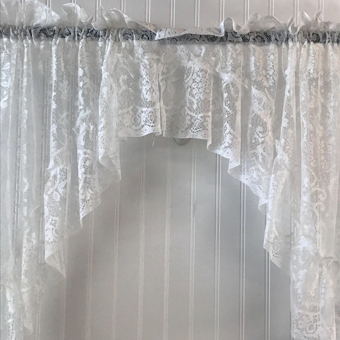 Vintage White Lace Swag Valance Floral Lace & Ruffled Edge, 2 Piece ...