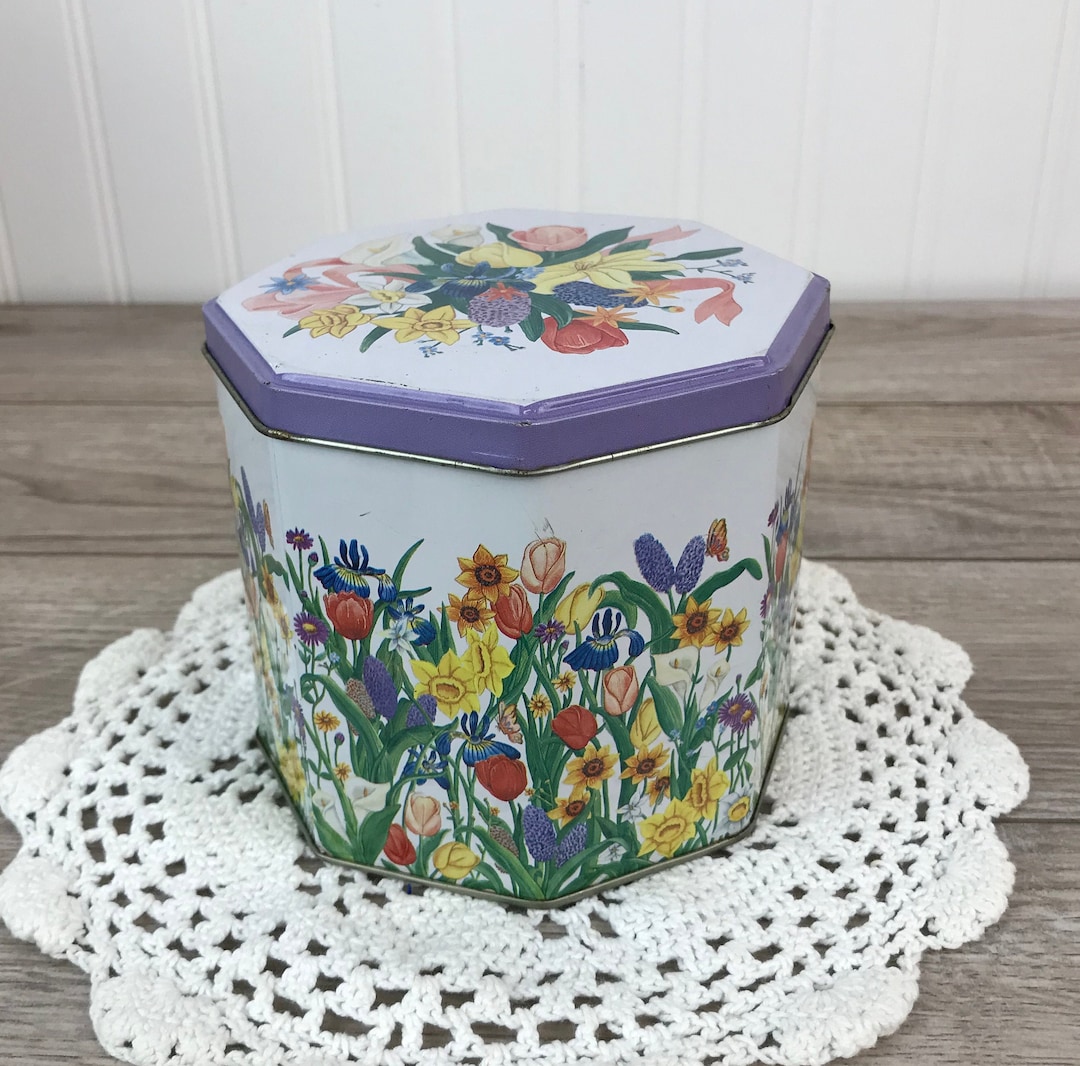 Vintage Tin Box, Tin Container, Tin Storage, Wild Flowers & Butterflies ...