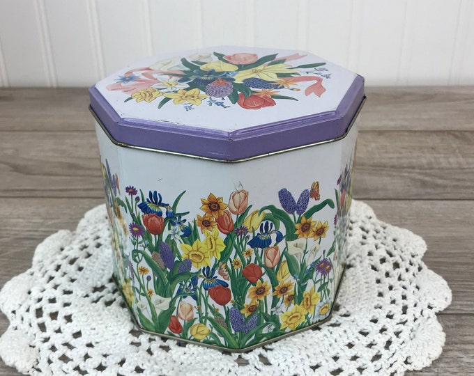 Vintage Tin Box, Tin Container, Tin Storage, Wild Flowers & Butterflies ...
