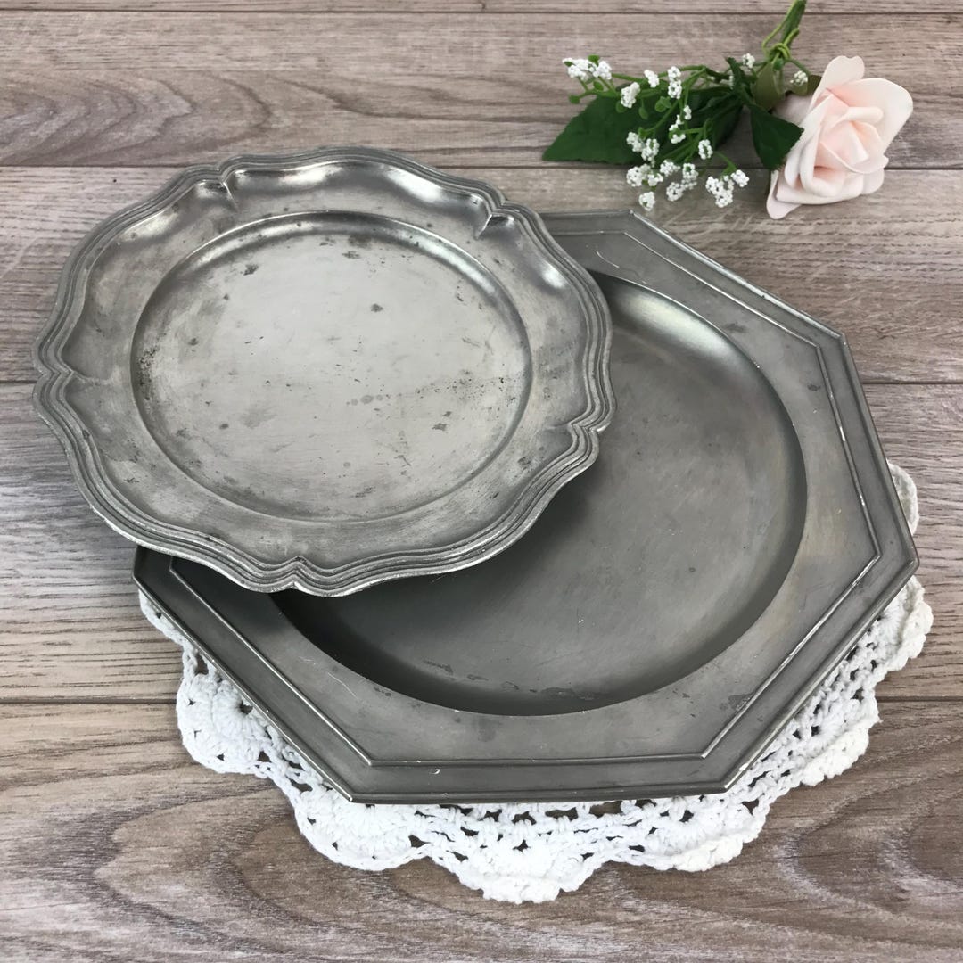 Vintage Set of 2 Pewter Decorative Wall Plates, Scalloped & Octagonal ...