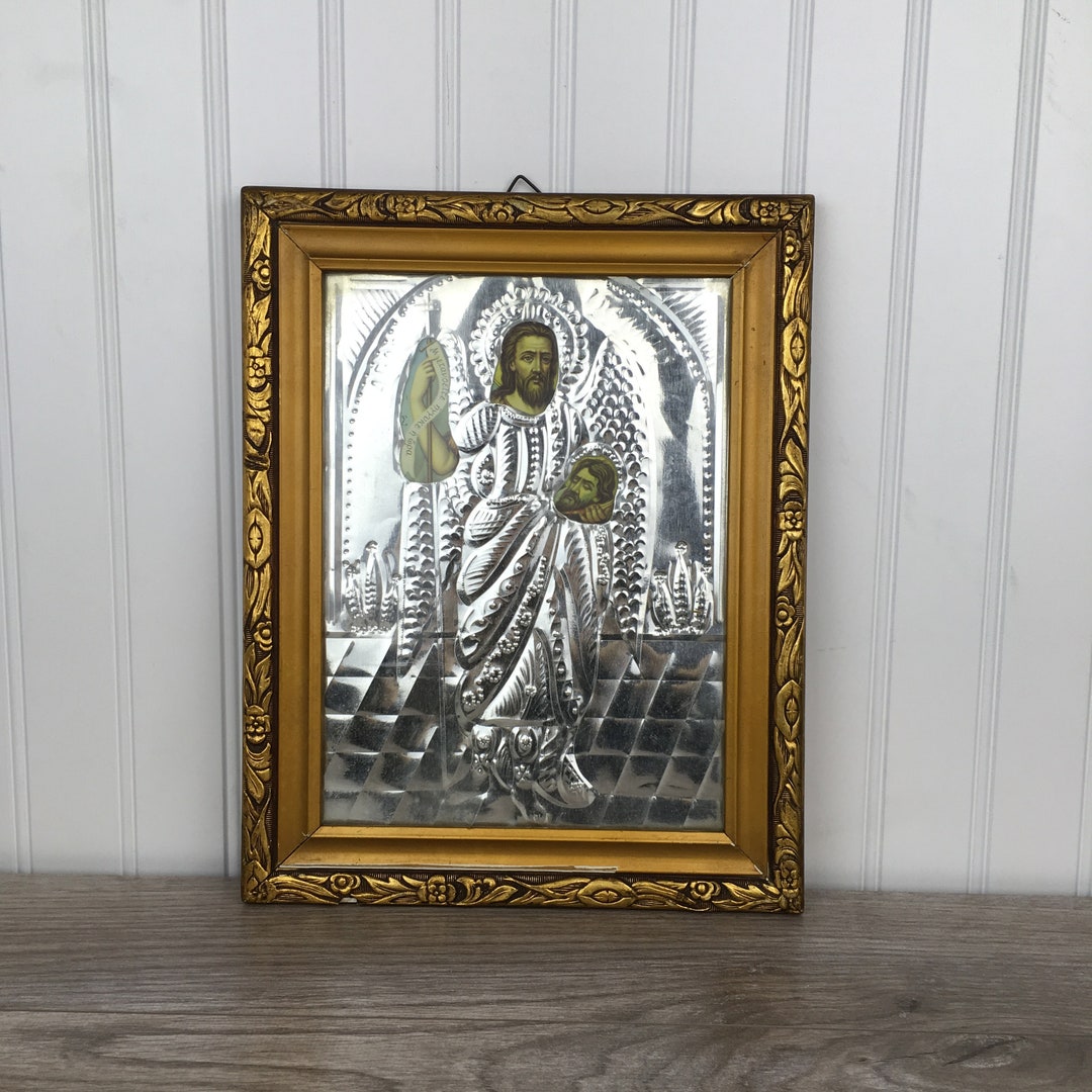 Vintage Jesus Wall Hanging, Wood Frame Hammered Aluminum, Image of ...