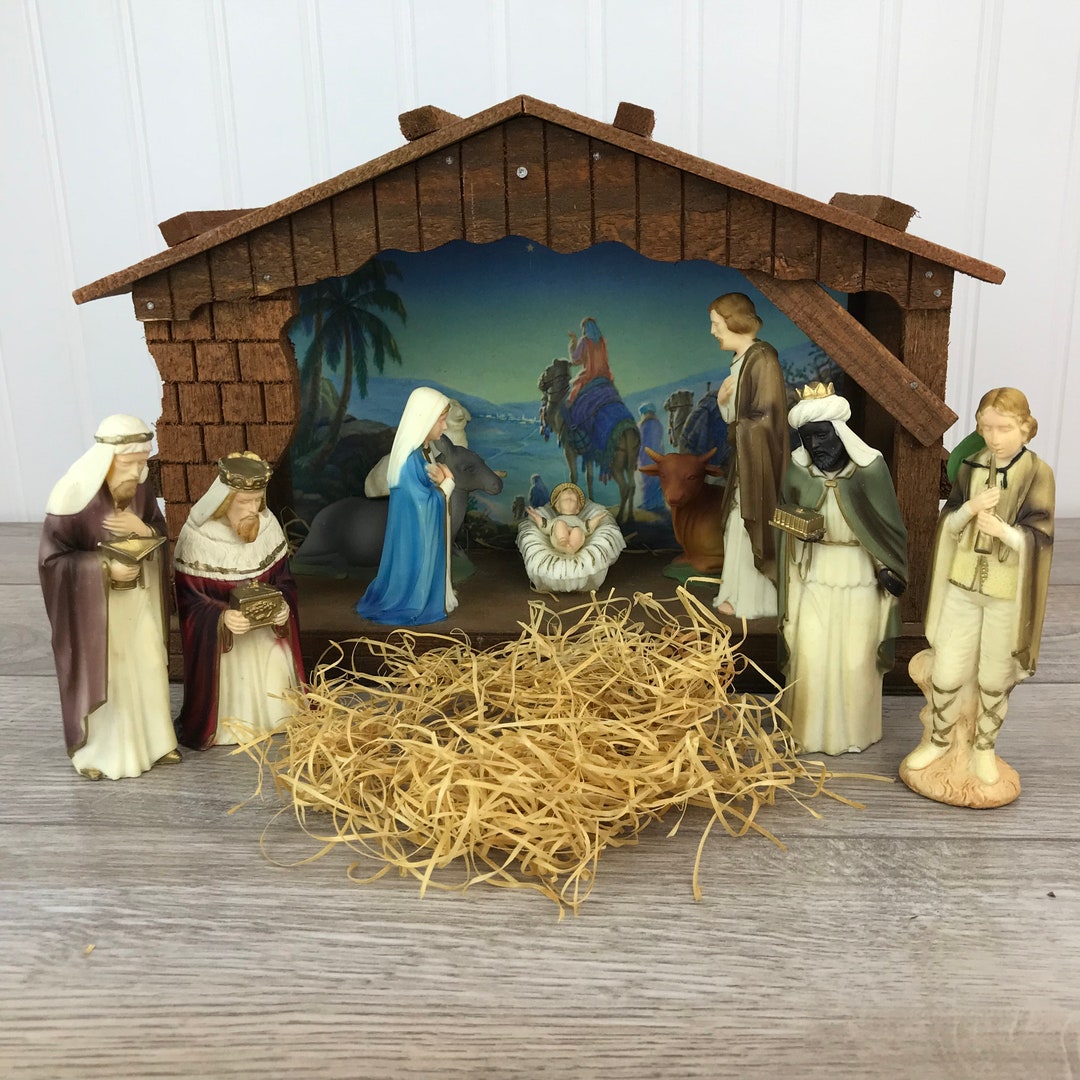 Vintage Nativity Set, Creche, Wood Stable, Plastic Figurines, Birth of ...