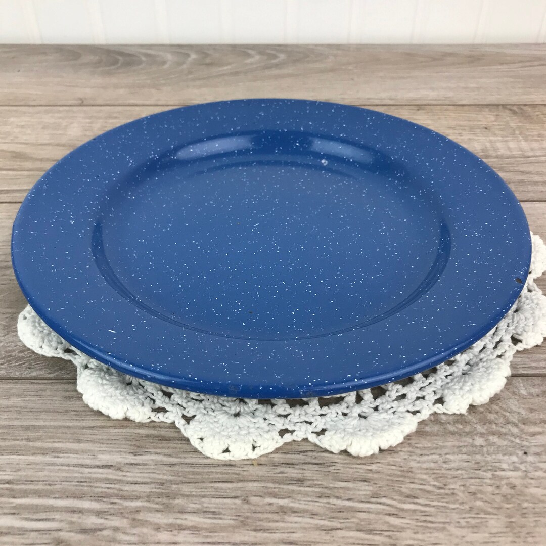 Vintage Blue Enamel 9 Inch Plate, Old Speckled Enamelware Camping Dish ...