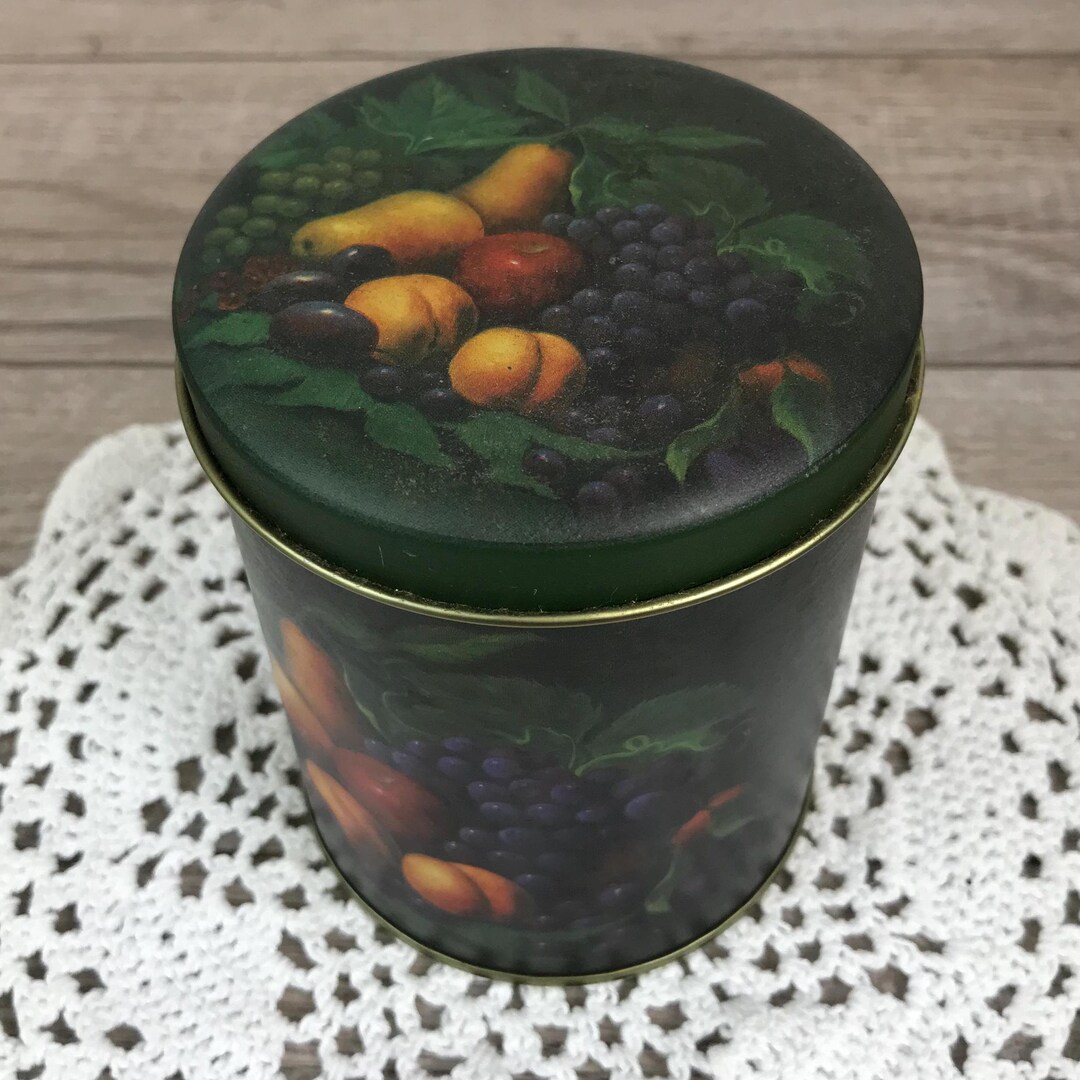 Small Vintage Tin Box, Dark Forest Green With Still Life Fruit & Vine ...
