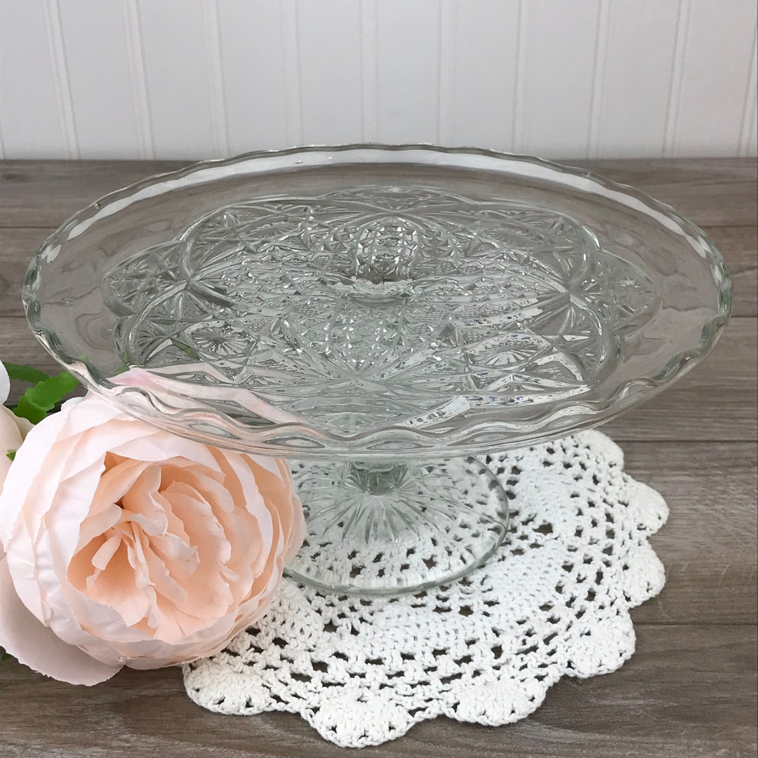 Vintage Clear Glass Cake Stand, Flower of Life Pattern, Scalloped ...