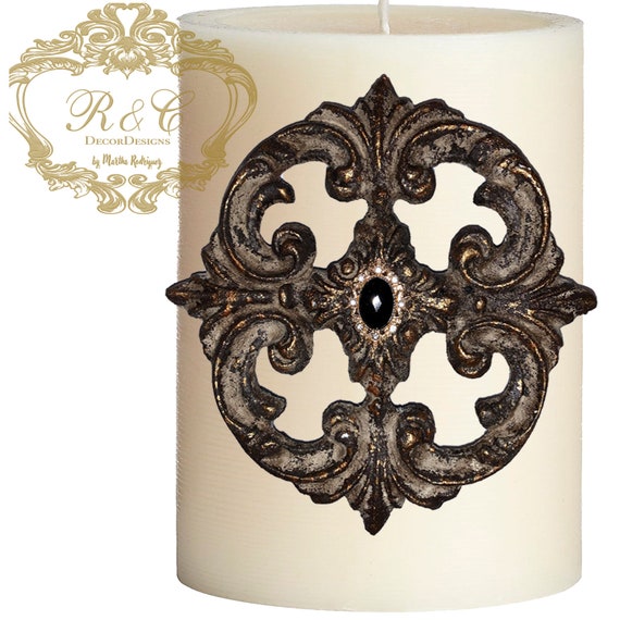 Pillar Candle Pin Accent LARGE MEDALLION Embellished Handmade | Etsy