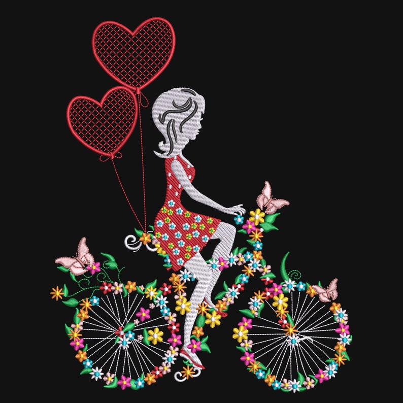 Girl on Floral Bicycle Machine Embroidery Design, World Bicycle Day ...