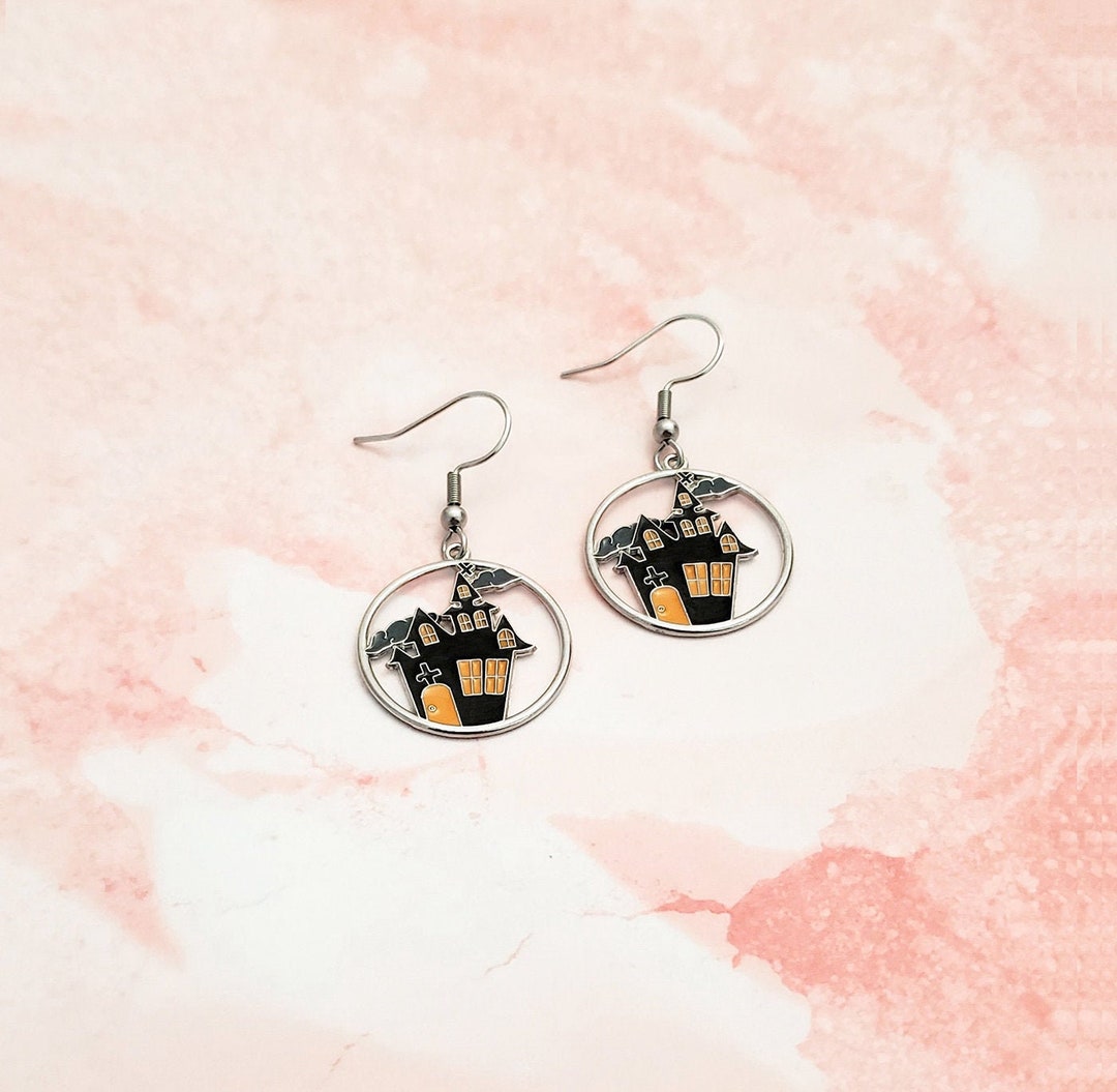 Enamel Haunted House Earrings: Halloween Charm Jewelry - Etsy