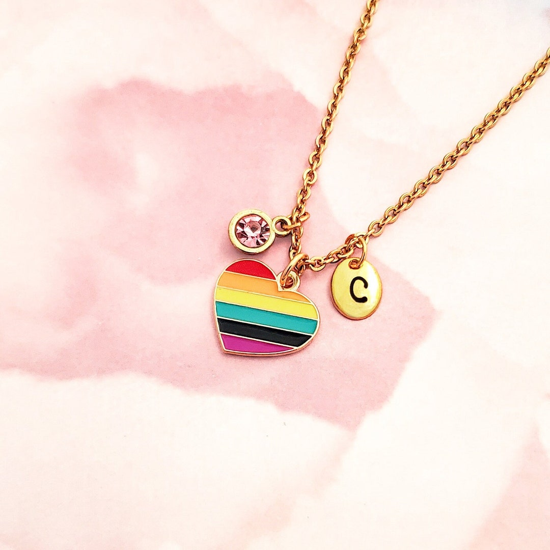 LGBTQ Pride Rainbow Heart Necklace: Enamel & Gold, Personalized Initial ...