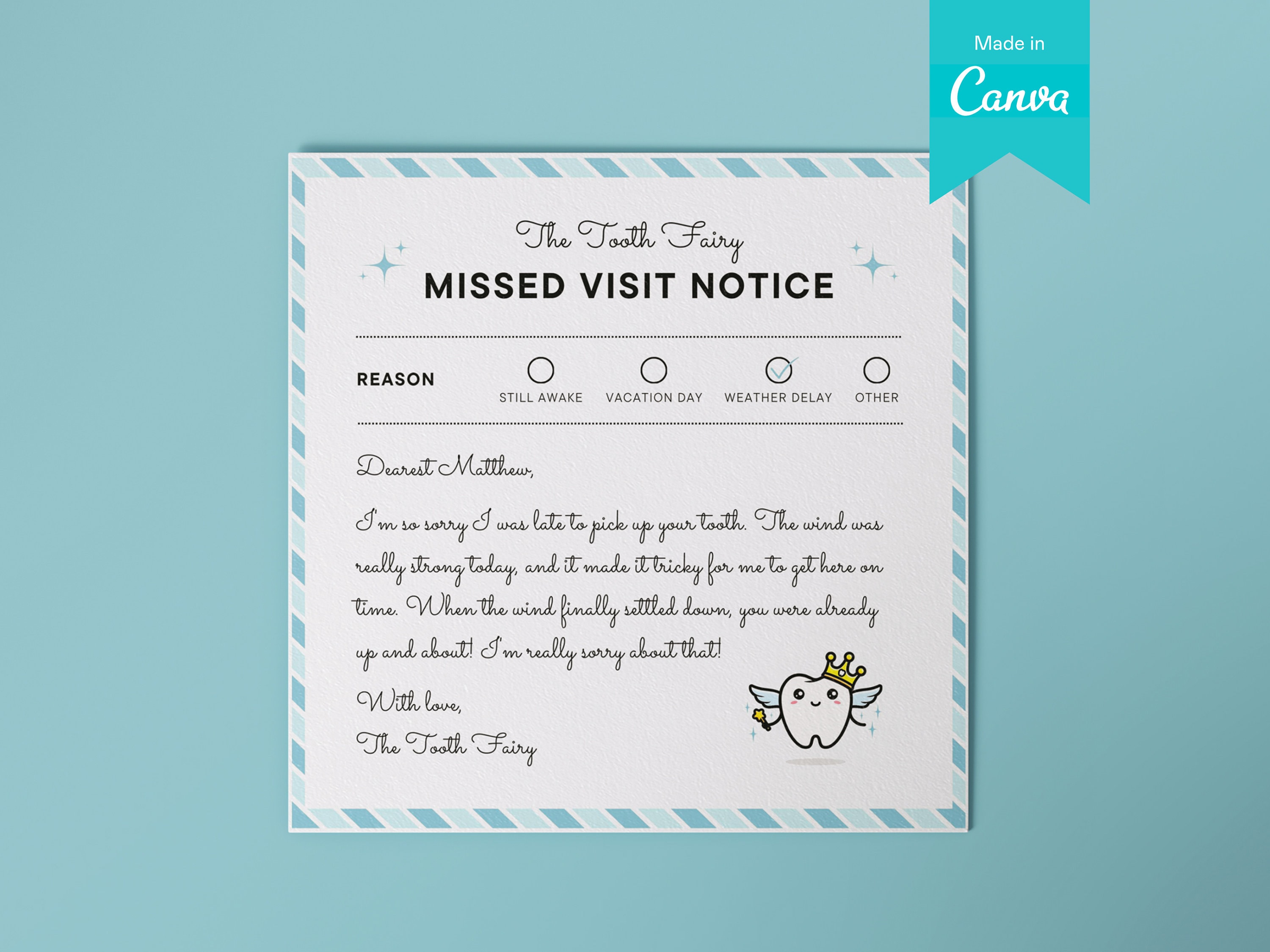 Printable Tooth Fairy Blue Apology Note Canva Template | Tooth Fairy ...