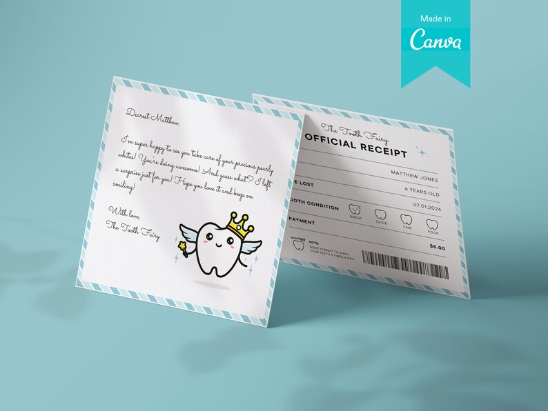 Printable Tooth Fairy Blue Letter & Receipt Canva Template | Tooth ...