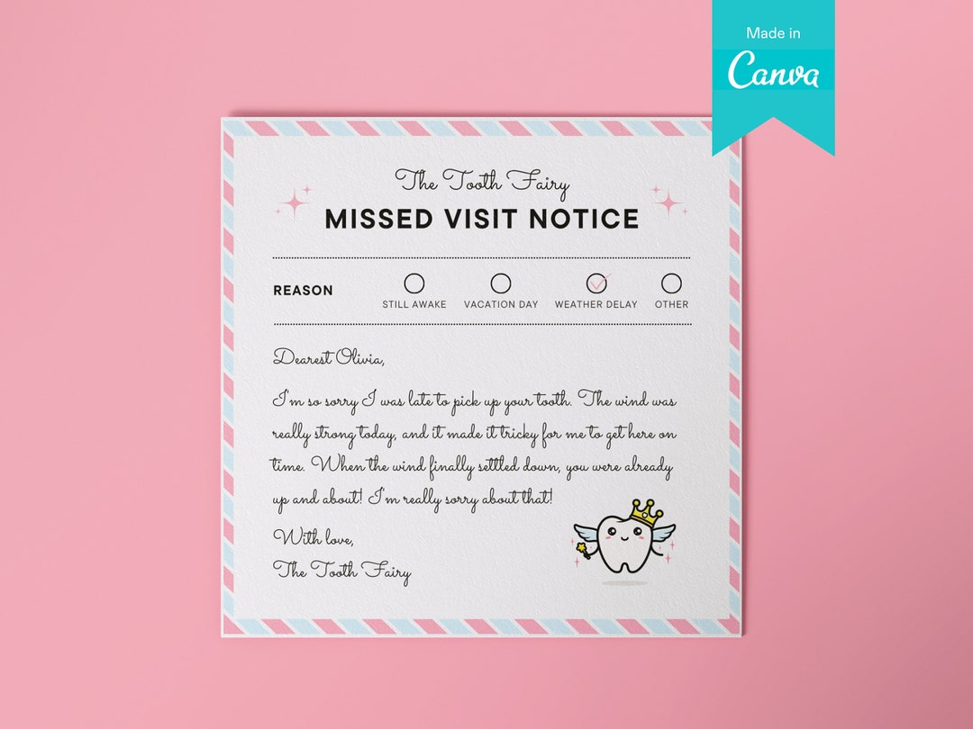 Printable Tooth Fairy Apology Note: Pink Missed Visit Letter (canva ...