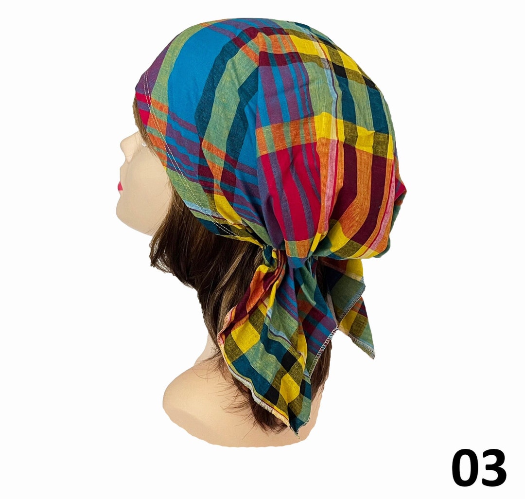 Pre Tied Cotton Madras Bandana Head Scarf Plaid Head Wrap Head Cover ...