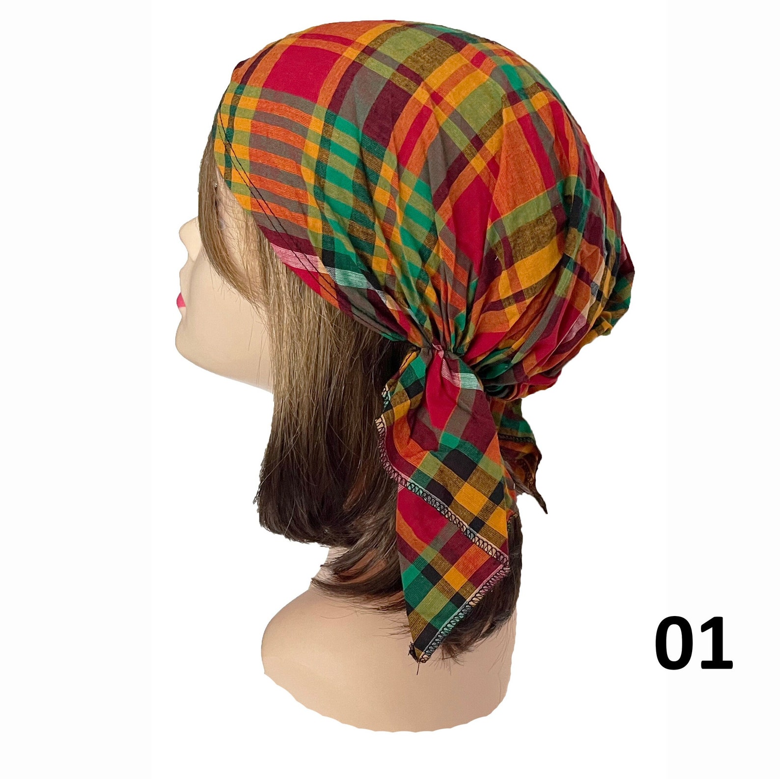 Pre-tied Cotton Madras Bandana Head Scarf: Plaid Hair Wrap, Multiple ...