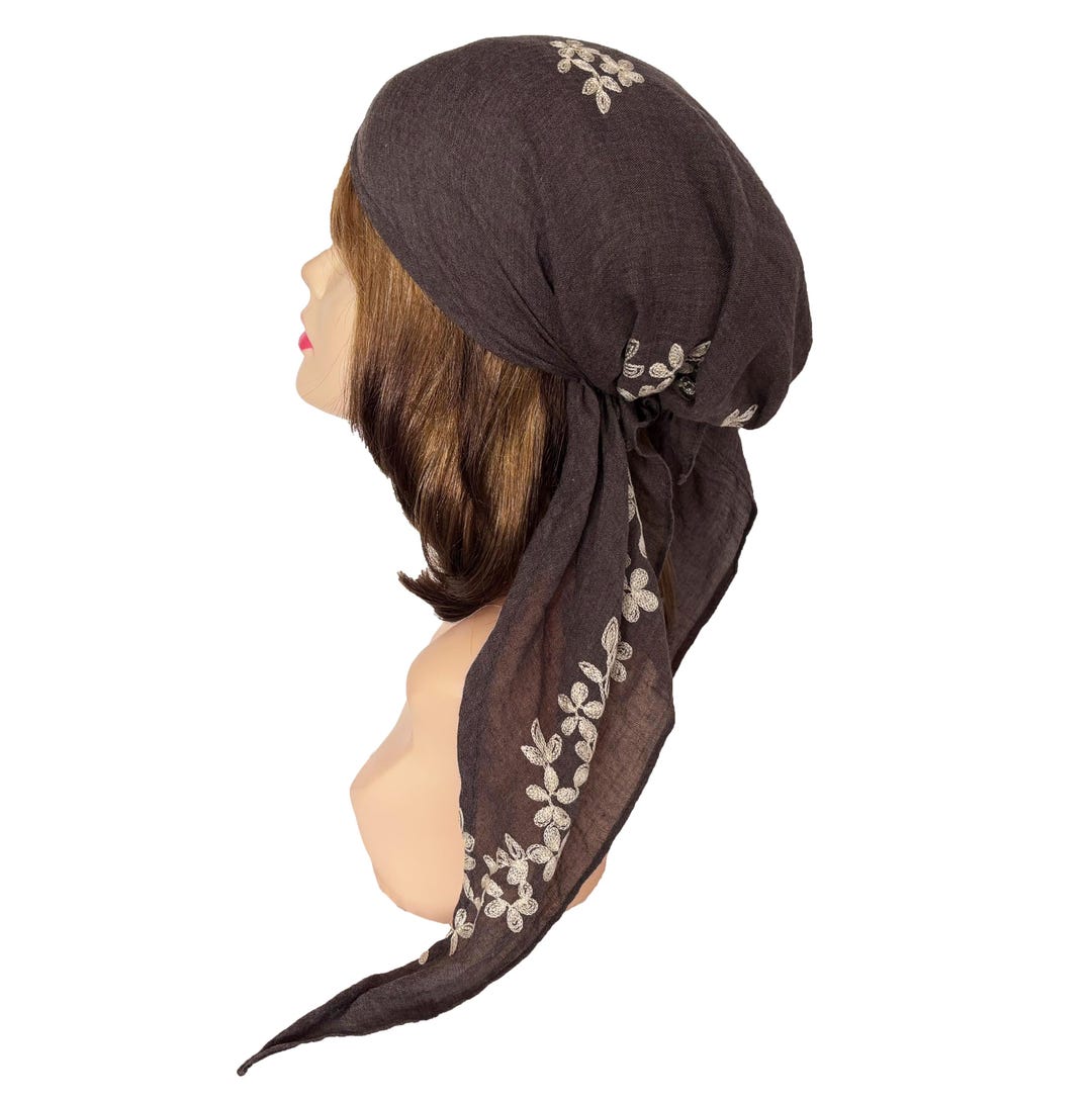 Embroidered Gauze Head Wrap Pre-tied Sheer Embroidered Gray Floral ...