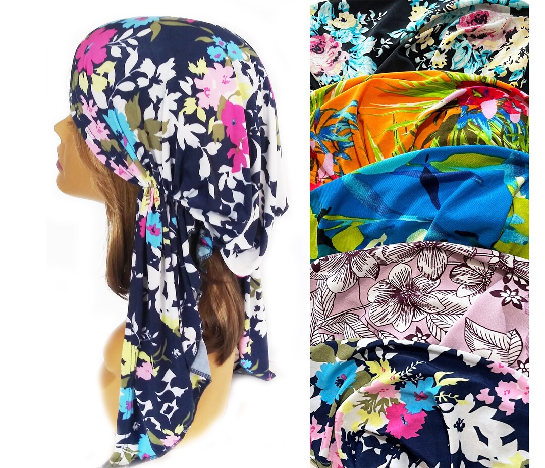 Pre-tied Head Wrap, Stretch Floral, Hair Cover, Bandana, Tichel, Chemo ...