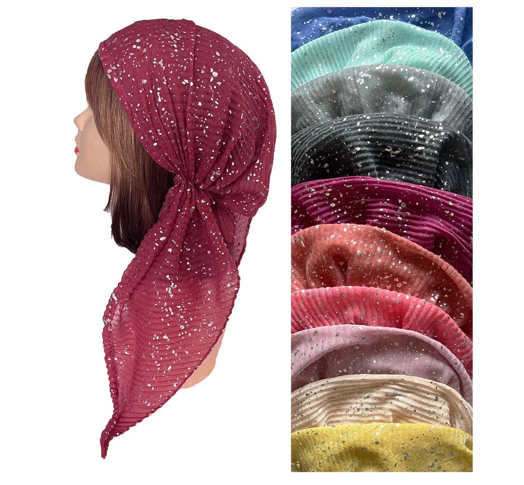 Long Silver Foil Gauze Pre-tied Head Wrap Hair Cover Chemo Cap Headwear ...