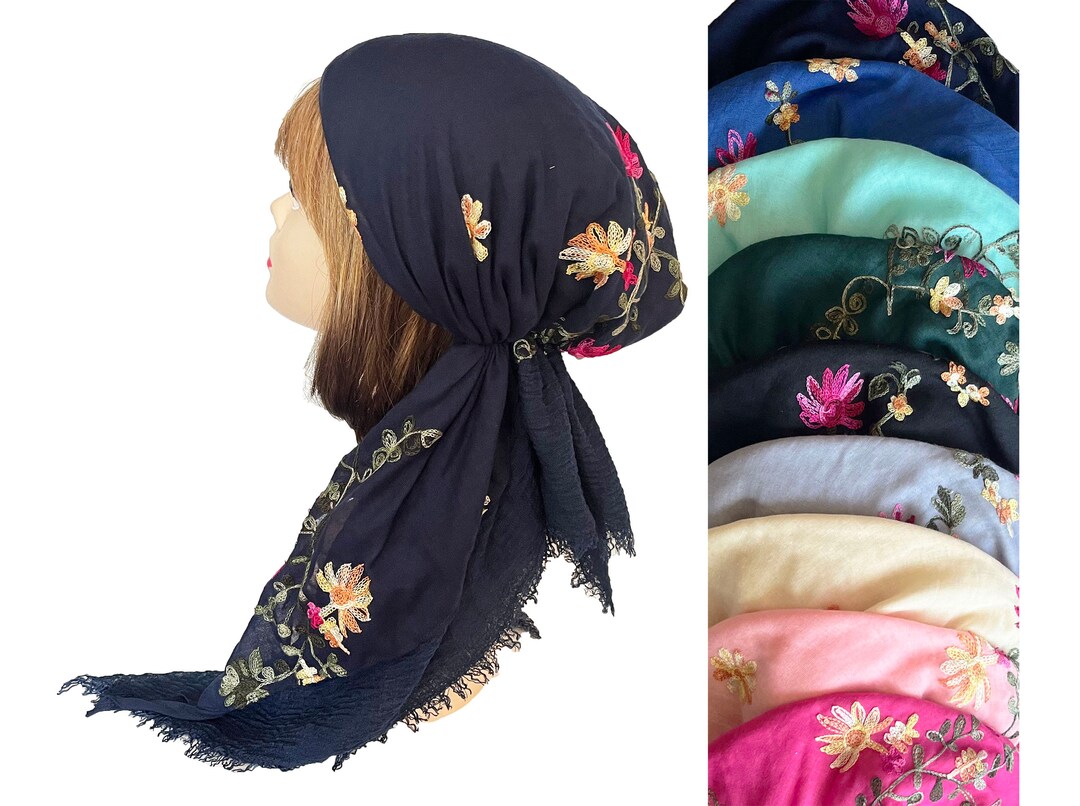 Long Tail Double Layer Head Cover Embroidered Gauze Fringed Headscarf ...