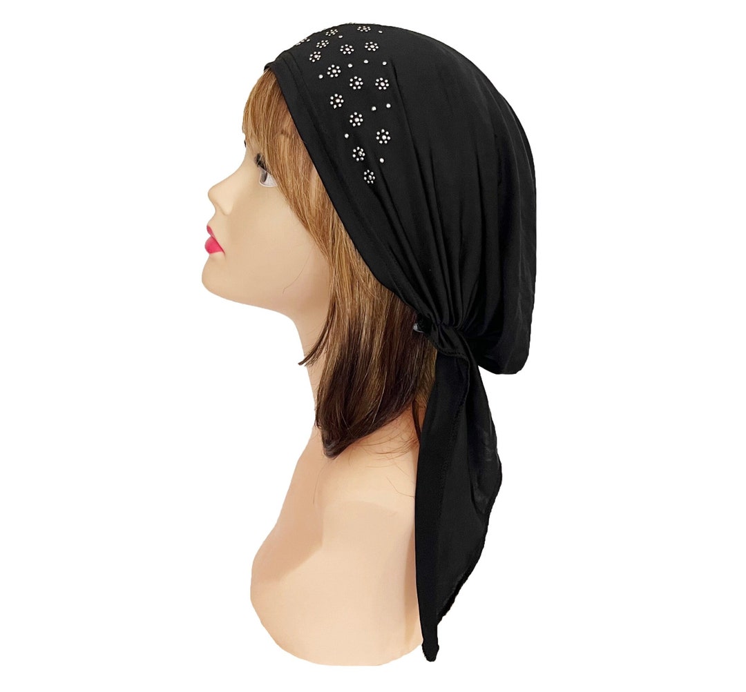 XL Glamorous Rhinestone Embellished Pre-tied Head Cover Tichel Head ...
