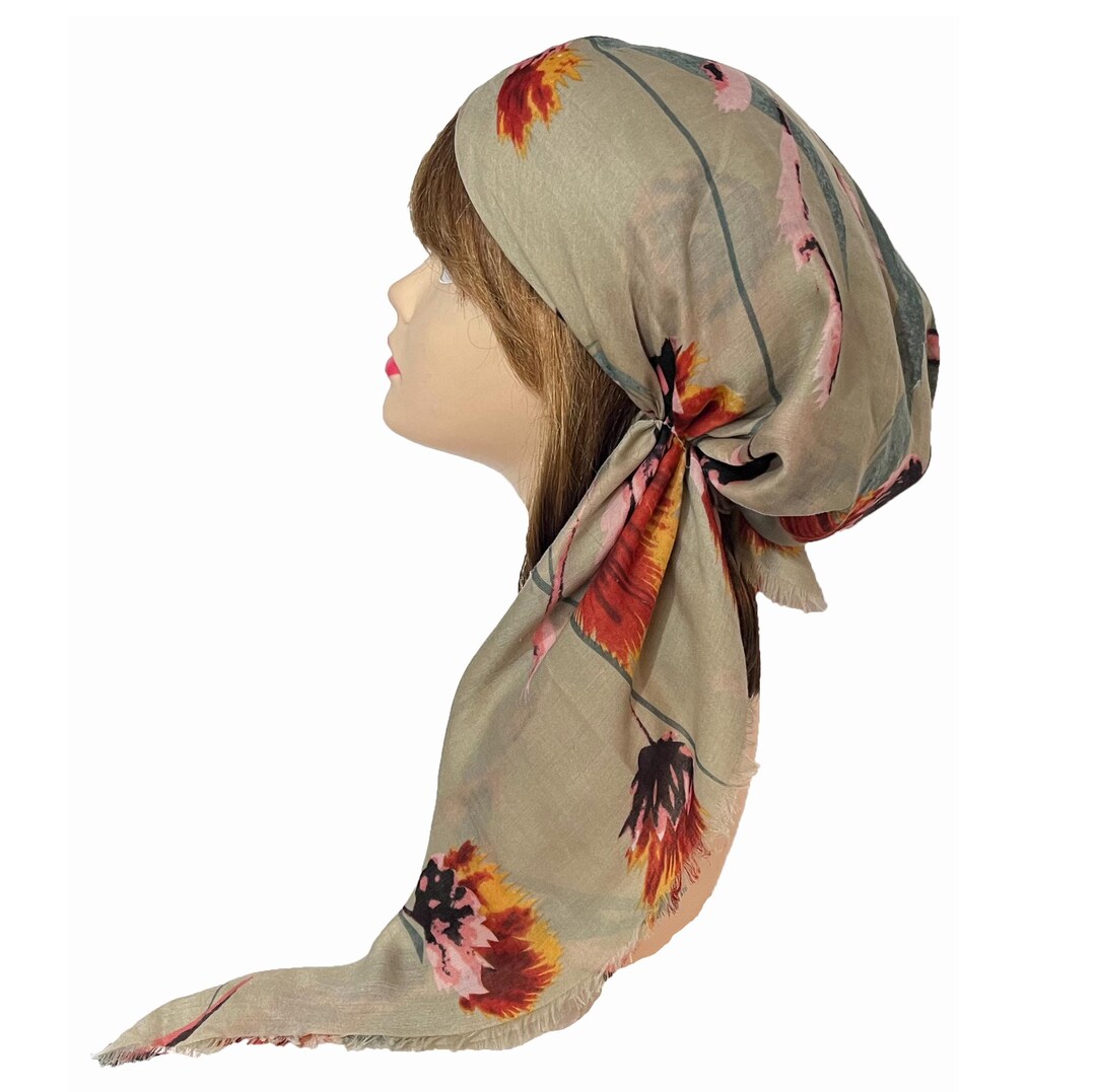 Super Soft Floral Gauze Fringed Pre-tied Headscarf Head Wrap Hair Cover ...