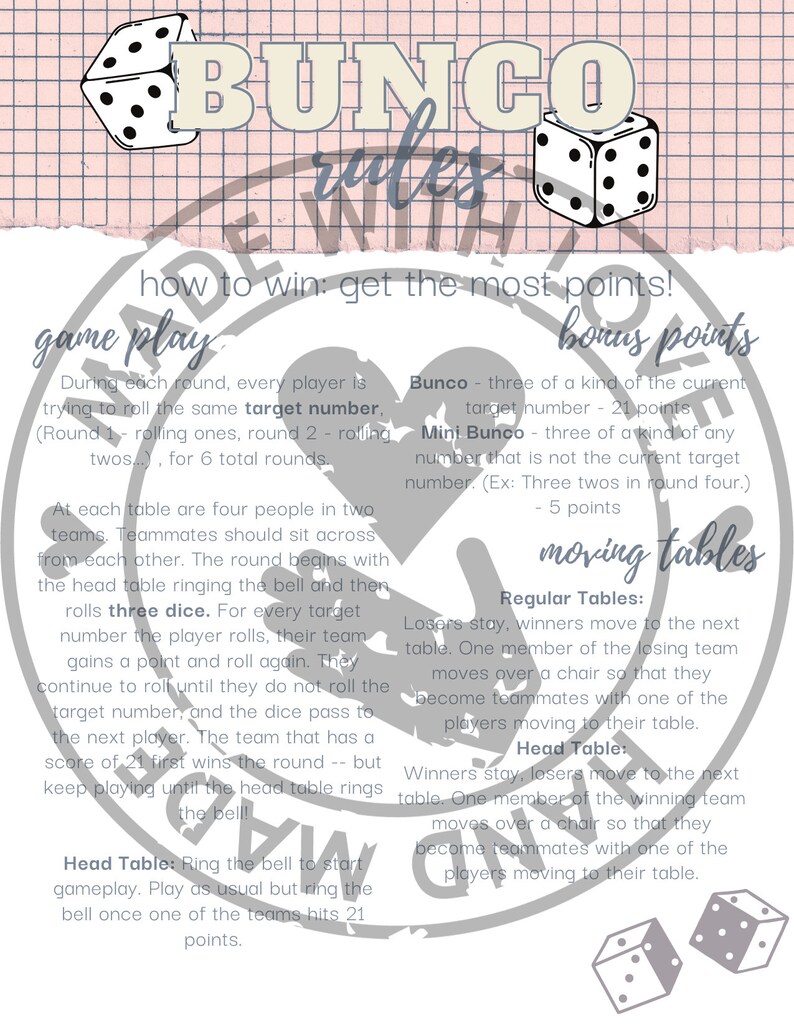 Bunco Directions and Scorecard — Bunco Party, Party Games, Printable ...